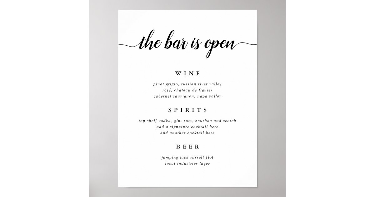 Black & White Calligraphy Wedding Bar Menu Sign | Zazzle
