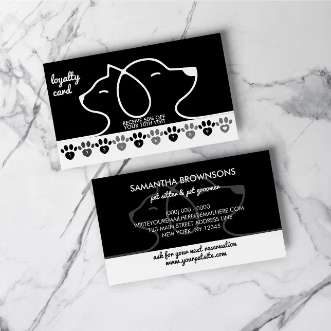 Black White Cat Dog Pet Paws Discount Loyalty Business Card | Zazzle