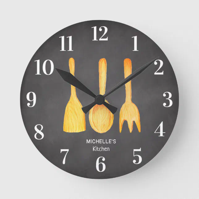 Black White Chalkboard Yellow Utensils Kitchen Round Clock | Zazzle