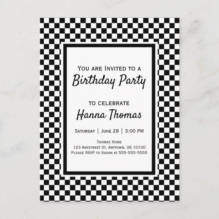 Black White Checkerboard Birthday Invitation Postc | Zazzle.com