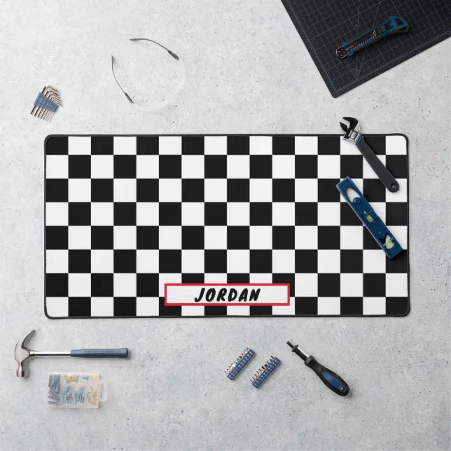 Black White Checkerboard Pattern Personalized Desk Mat | Zazzle