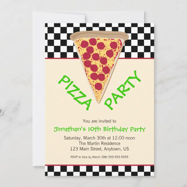 Black & White Checkerboard Pizza Party Invitation | Zazzle