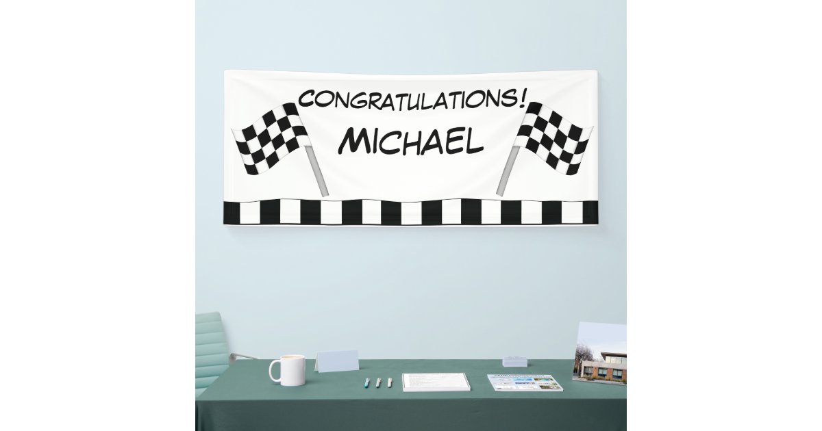 Black White Checkered Flag Race Congratulations Banner | Zazzle