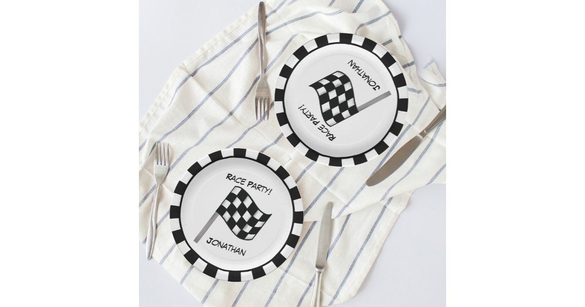 Black White Checkered Flag Race Party Name Paper Plates | Zazzle