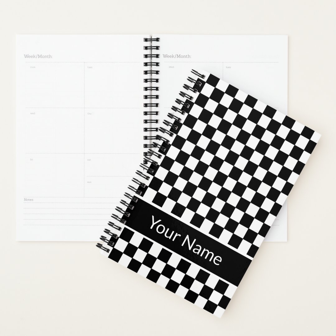 Black White Checkered Pattern Personalized Name Planner | Zazzle