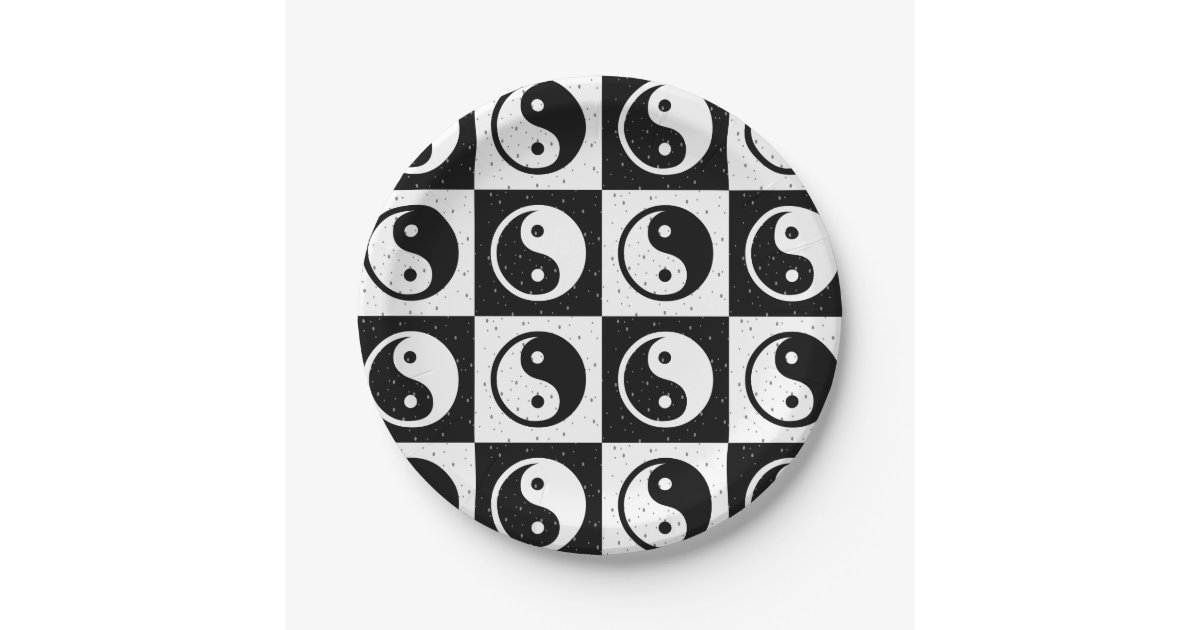 Black White Checkered Yin-yang Zen Block Print Paper Plates | Zazzle