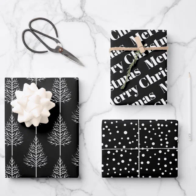 Black, white Christmas, trees, polka dots holiday Wrapping Paper Sheets ...