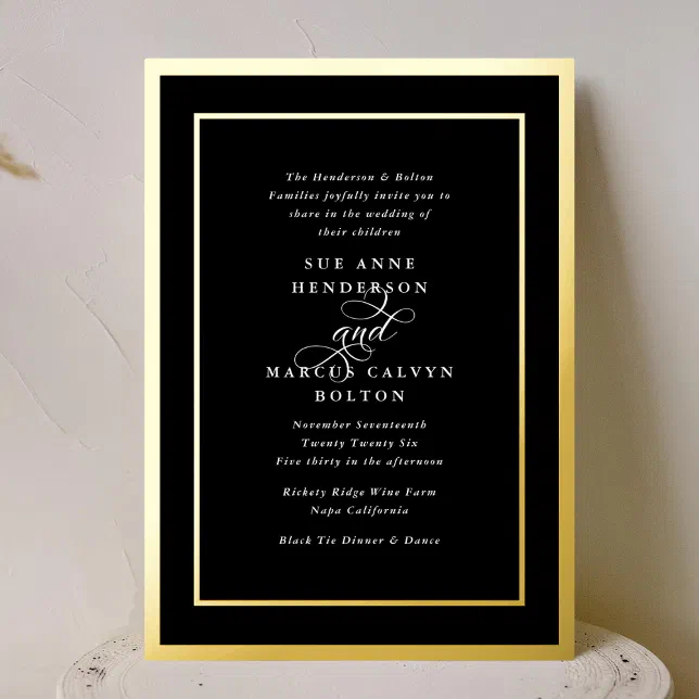 Black & White Classic Ampersand Gold Frame Wedding Foil Invitation | Zazzle
