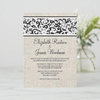 Black White Country Linen Wedding Invitations | Zazzle