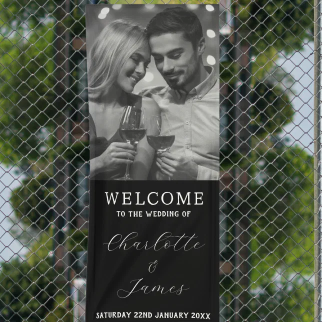 Black & White Couple Photo Outdoor Wedding Welcome Banner | Zazzle