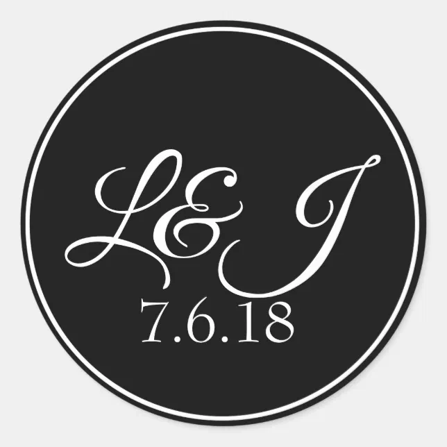 Black & White Couple's Initals & Wedding Date Classic Round Sticker ...
