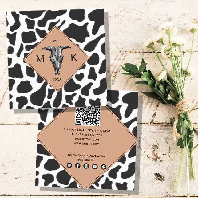 Black & White Cow Spot Animal Pattern QR Code Square Business Card | Zazzle