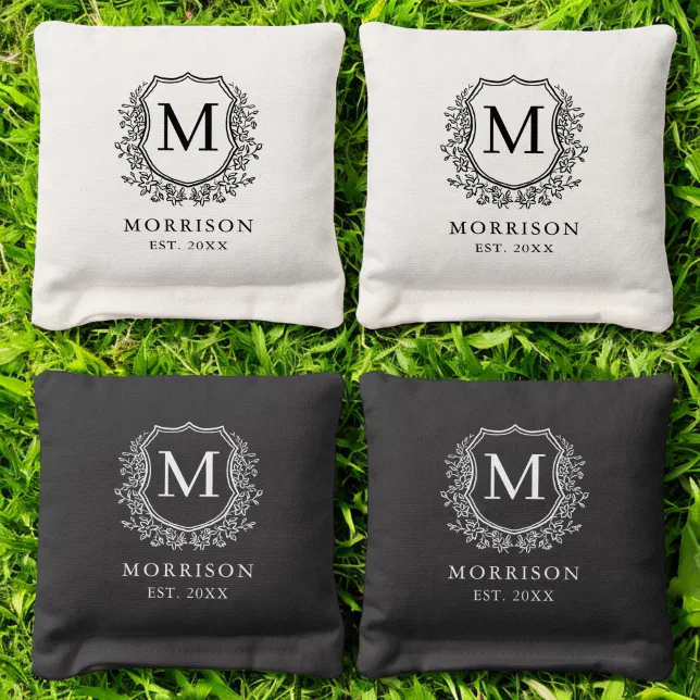 Black White Crest Modern Monogram Wedding Cornhole Bags | Zazzle