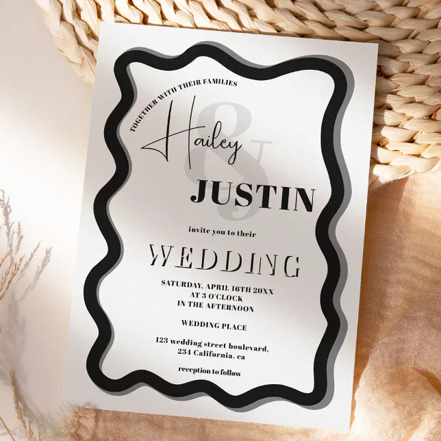 black white curve squiggle wavy wedding photo invitation | Zazzle