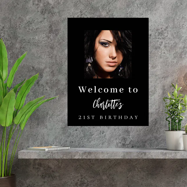 Black white custom photo birthday party welcome poster | Zazzle