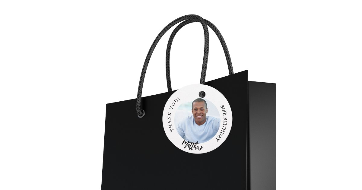 Black white custom photo man guy birthday favor tags | Zazzle