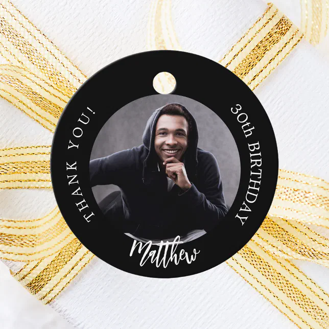 Black white custom photo man guy birthday favor tags | Zazzle