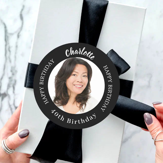 Black white custom photo woman birthday classic round sticker | Zazzle