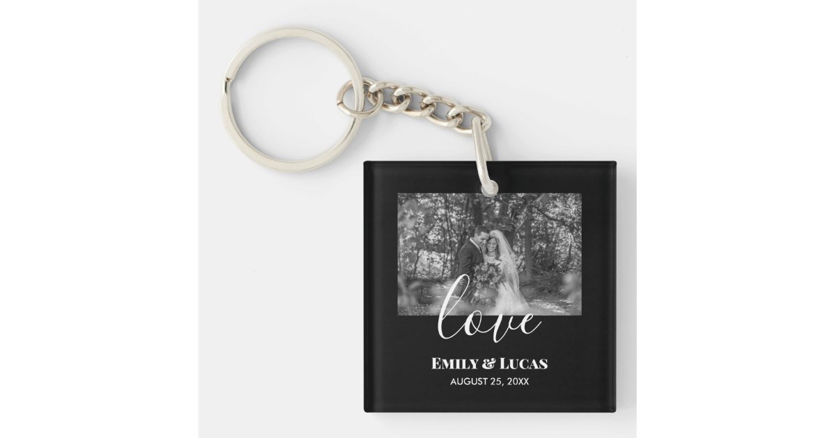 Black White Custom Wedding Photo Simple Elegant Keychain | Zazzle
