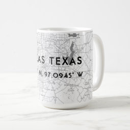 Black & White Dallas Texas Map Custom Coordinates Coffee Mug | Zazzle
