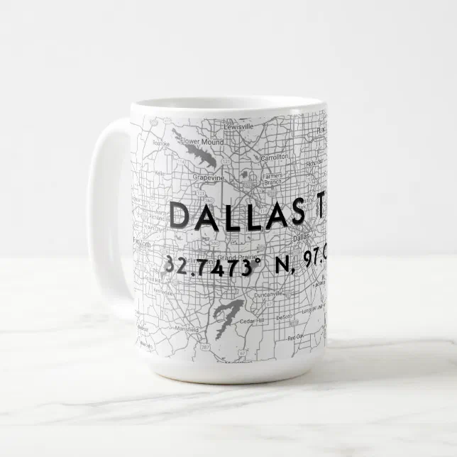 Black & White Dallas Texas Map Custom Coordinates Coffee Mug | Zazzle