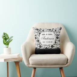 Black White Damask Floral Just Married Wedding Throw Pillow | Zazzle