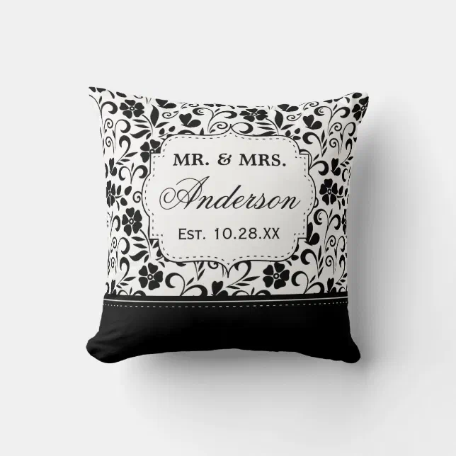 Black White Damask Floral Just Married Wedding Throw Pillow | Zazzle