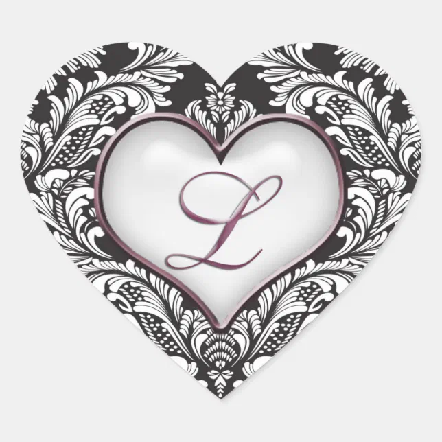 Black white damask heart Monogram letter L Sticker | Zazzle