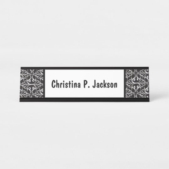 Black White Damask Pattern Fancy Scrolls Desk Name Plate | Zazzle.com