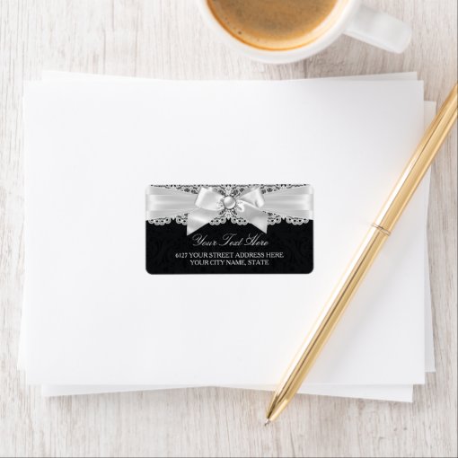 Black & White Damask & Pearl Bow Address Label | Zazzle