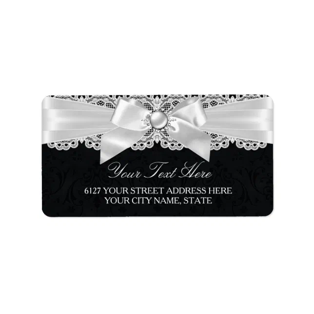 Black & White Damask & Pearl Bow Address Label | Zazzle