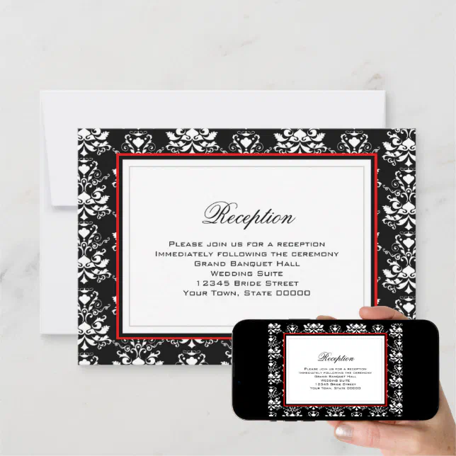 Black & White Damask Red Accent Reception Card | Zazzle