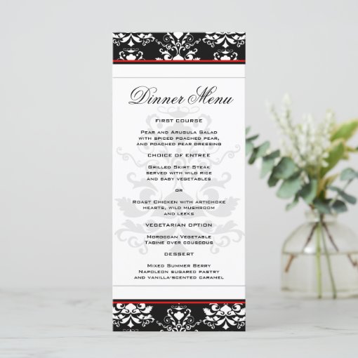 Black & White Damask Red Accent Slim Dinner Menu | Zazzle