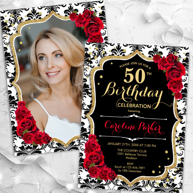 Black White Damask Red Roses Photo 50th Birthday Invitation | Zazzle