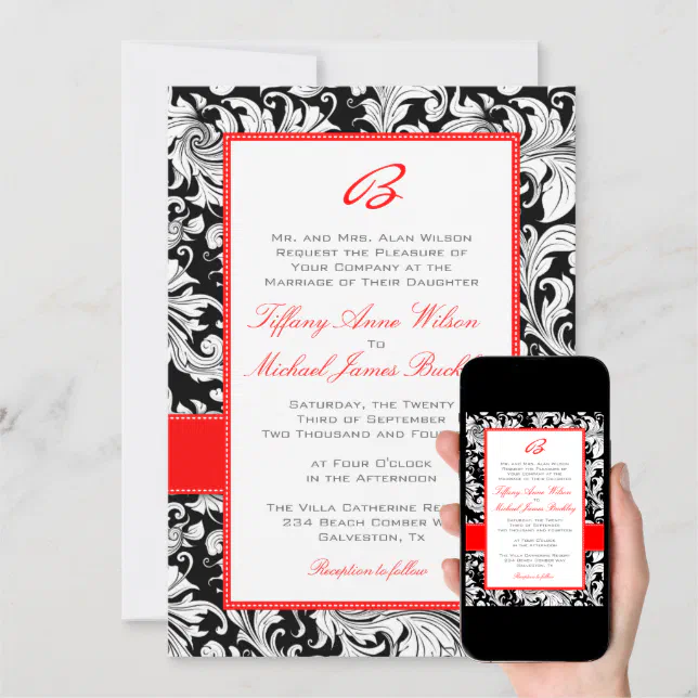 Black white damask red wedding invitation | Zazzle