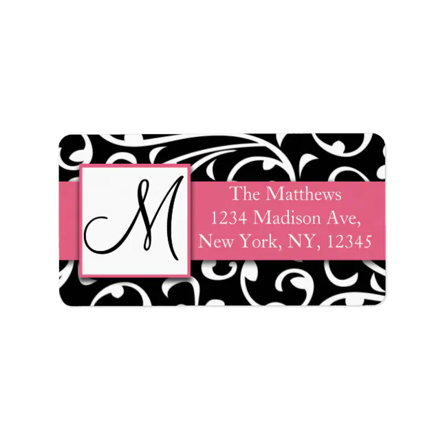 Black White Damask Swirls Pink Address Label | Zazzle