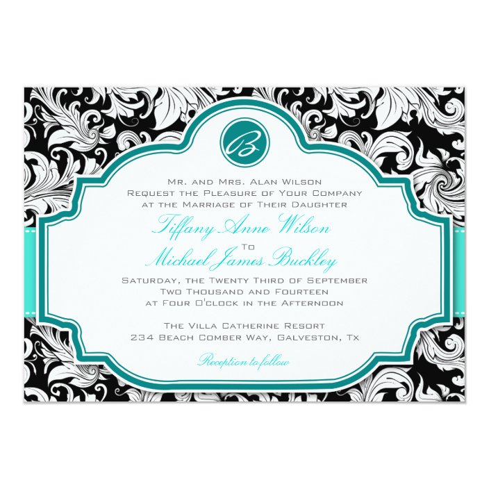 Black white damask turquoise wedding invitation | Zazzle.com