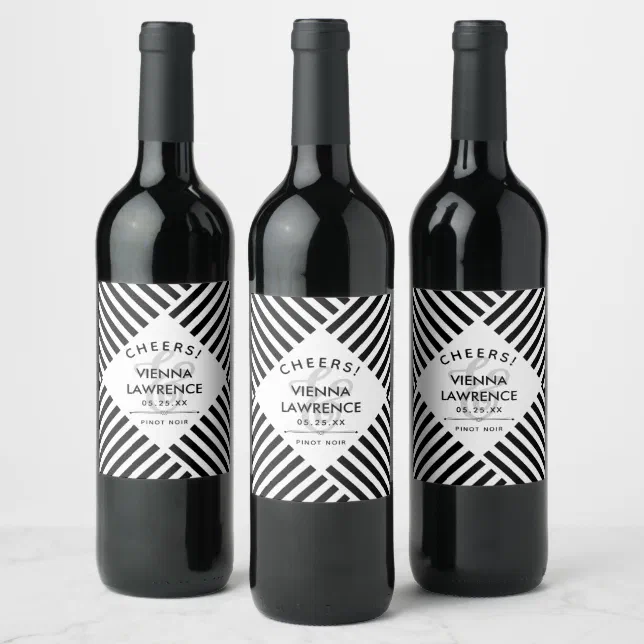 Black & White Diagonal Lines Wedding Wine Label | Zazzle