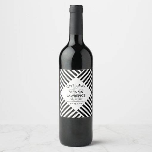 Black & White Diagonal Lines Wedding Wine Label | Zazzle