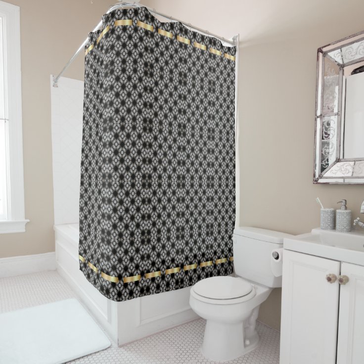 Black & White Diamond Pattern With Gold Accent Shower Curtain | Zazzle