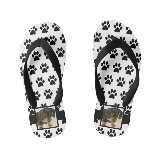 Black White Dog Pet Lover Photo Collage Pawprint Kid's Flip Flops | Zazzle