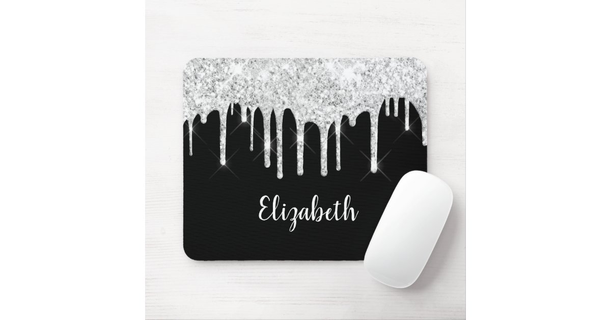 Black White Dripping Glitter Silver Monogram Mouse Pad | Zazzle