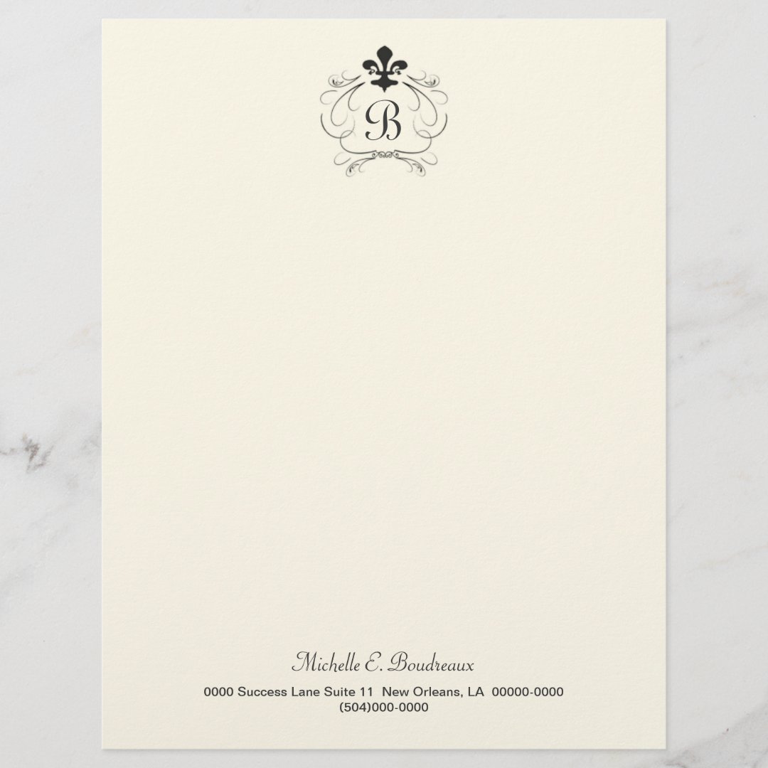Black White Elegant Fleur de Lis Monogram Letterhead | Zazzle