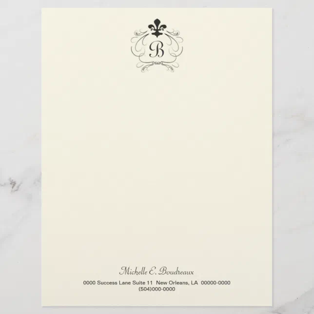 Black White Elegant Fleur de Lis Monogram Letterhead | Zazzle