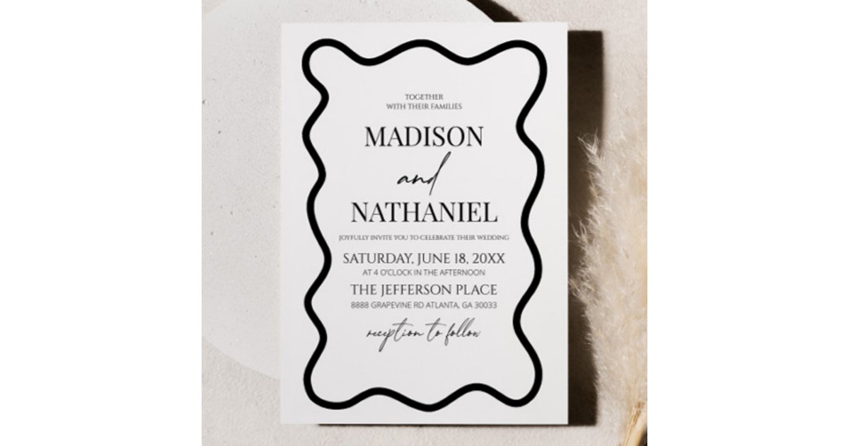 Black White Elegant Wavy Border Wedding Invitation | Zazzle
