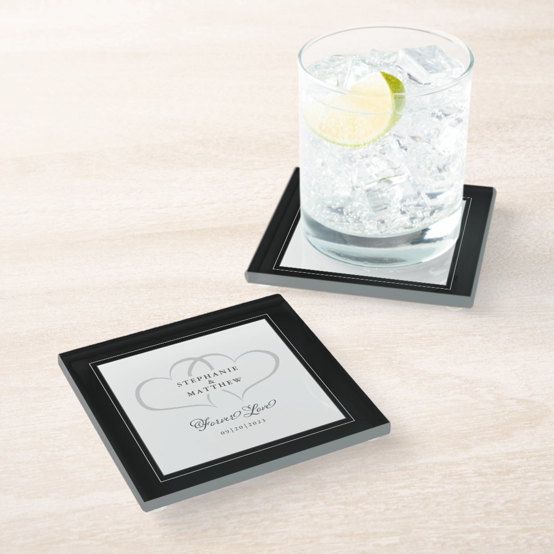 Black & White Elegant Wedding Hearts Forever Love Glass Coaster | Zazzle