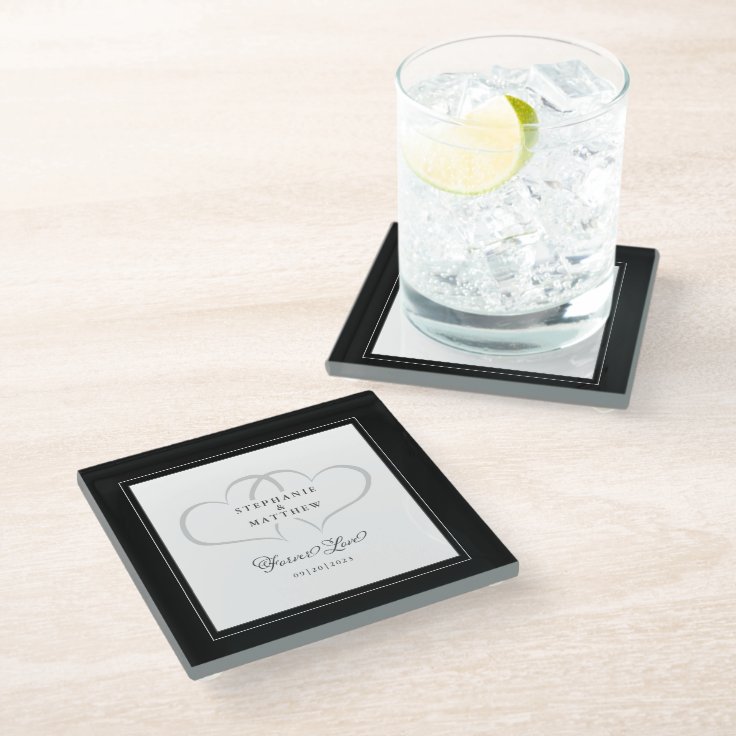 Black & White Elegant Wedding Hearts Forever Love Glass Coaster | Zazzle