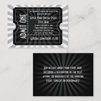 Black + White Event Ticket, Lg Business Card Size | Zazzle