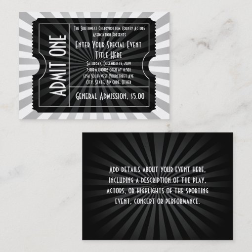 Black + White Event Ticket, Lg Business Card Size | Zazzle