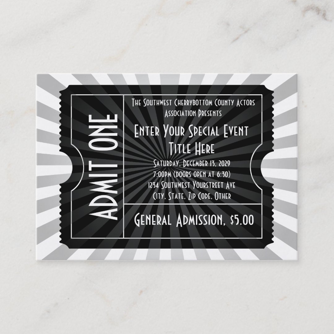 Black + White Event Ticket, Lg Business Card Size | Zazzle